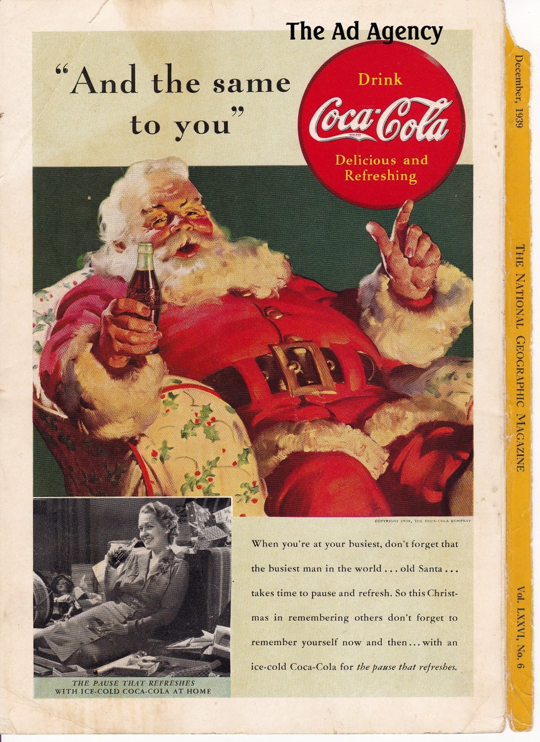 1939 Coca Cola Santa Claus Ad "and the Same to You"/vintage Christmas ...