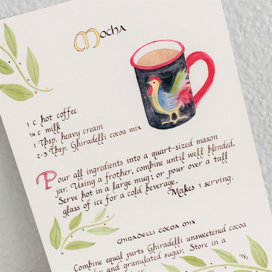 Mocha Recipe Art Print: Calligraphy Kitchen Decor, Chicken Illustration ...