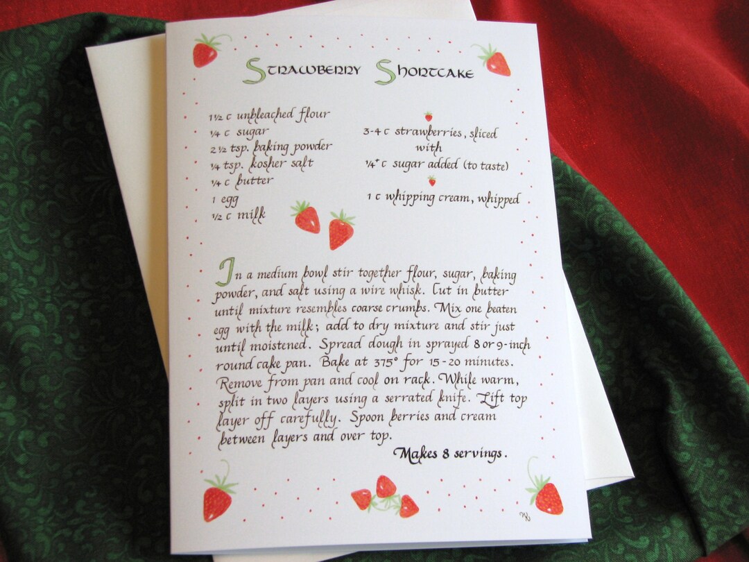 Strawberry Shortcake Recipe Card -- 5 X 7 Calligraphy Art Card, Blank ...