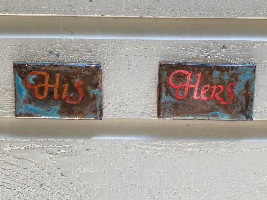 His and Hers Solid Copper Signs -- With Calligraphy and Verdigris Green ...