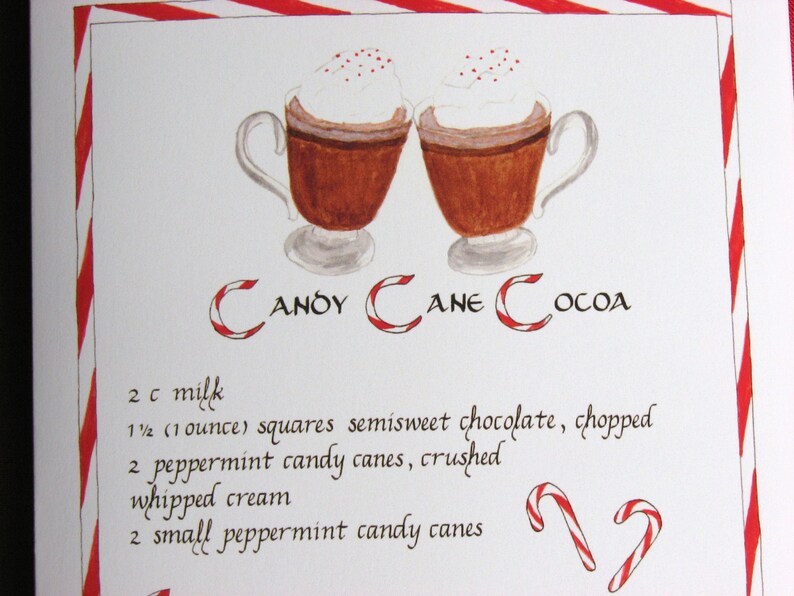 Candy Cane Cocoa Recipe Card: Calligraphy Art Christmas Card - Etsy