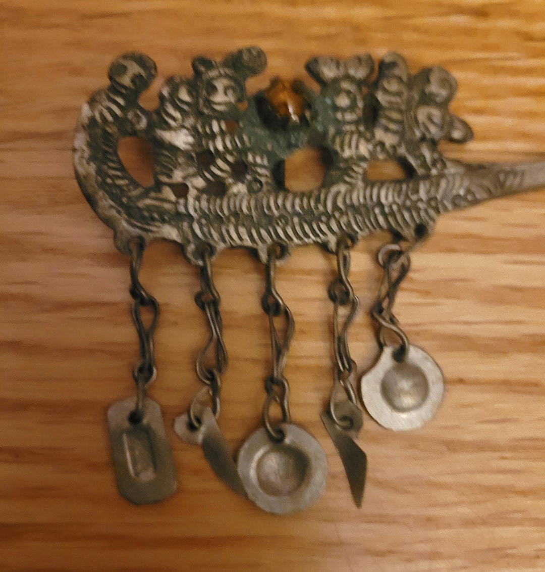 Peruvian Tupu Pin Shawl Pin Metal Embossed Figures W/ Glass Ornament ...