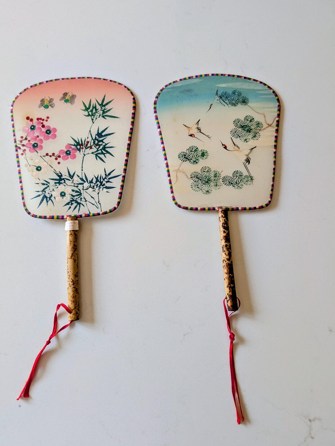 Asian Paddle Fan Handpainted Silk W/ Bamboo Handles Floral Pattern ...