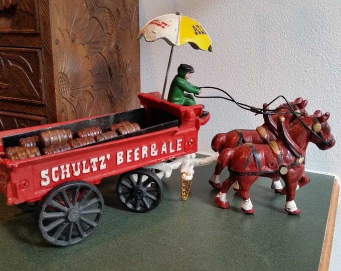 Vintage Cast Iron Schultz - Beer and Ale Wagon With Wood Barrels ...