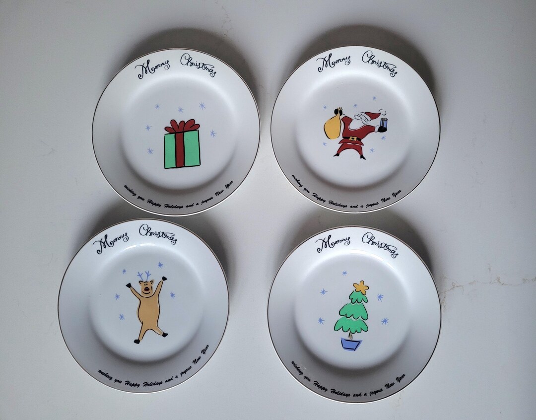 Christmas Plates Set of 4 Salad, Dessert Size Each Different Gift, Deer ...