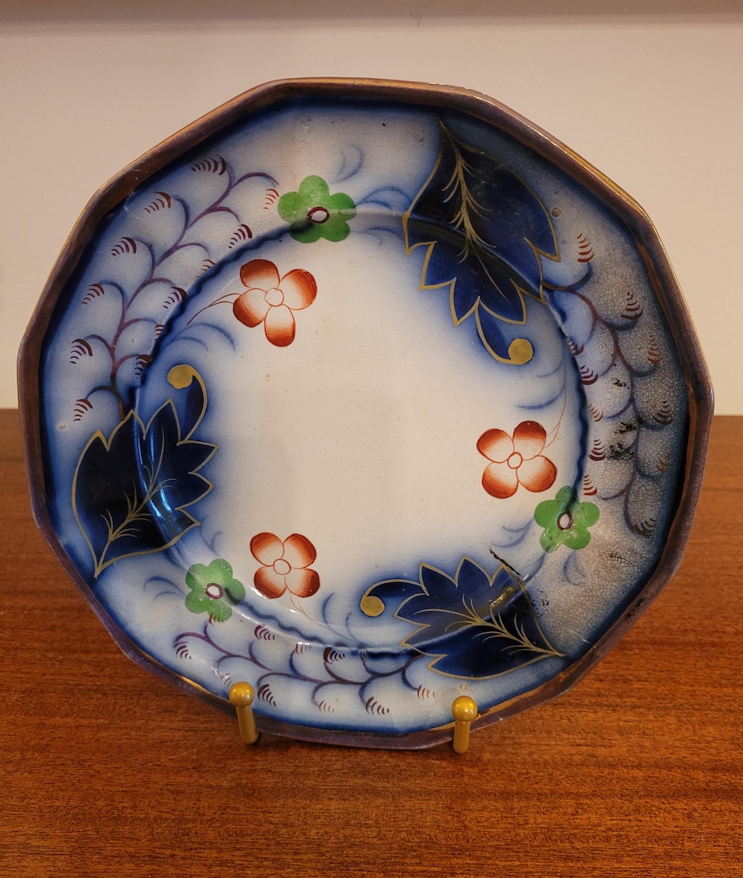 Gaudy Welsh Floral Plate With Stylized Flowers, Flow Blue Leaves ...