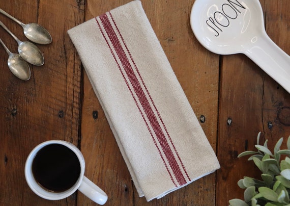 Burgundy Grain Sack Kitchen Towel NOT A SET Flour Sack Tea Towel Farmhouse Hand Towel Rustic Dish Towel Choose Your Stripe