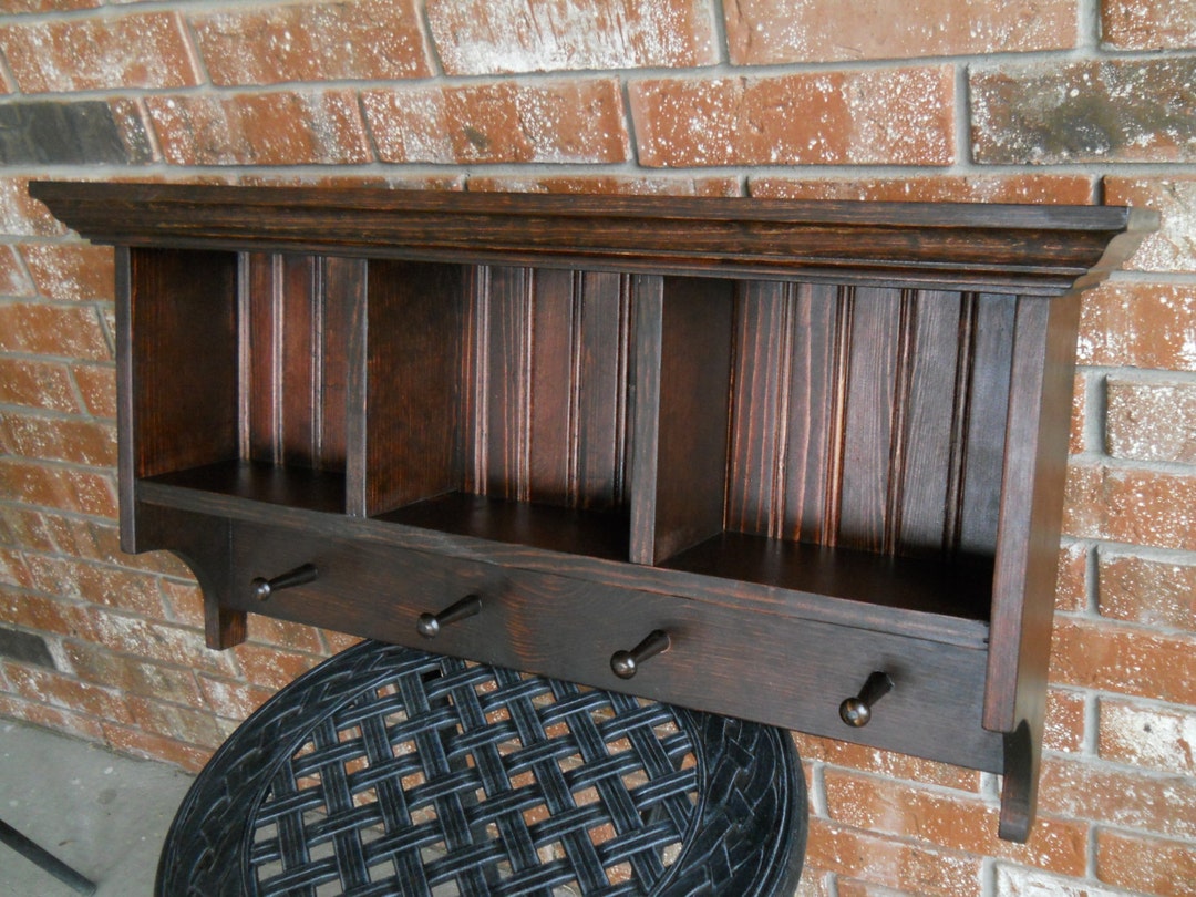 Dark Mahogany Wood Cubby Shelf: Mudroom Organizer With Shaker Pegs - Etsy