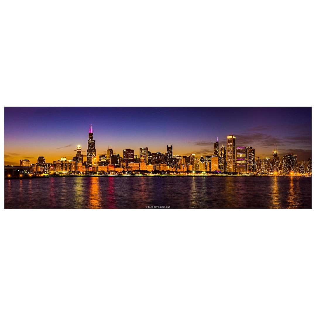 Chicago Skyline at Blue Hour Panorama Print - Lake Michigan Sunset View ...