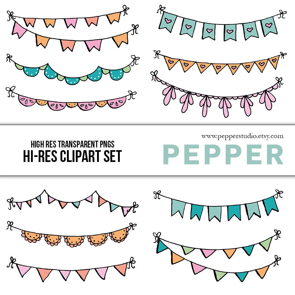 Bunting Banner Clipart Set - Birthday Party Clip Art, Invitations, Hi ...