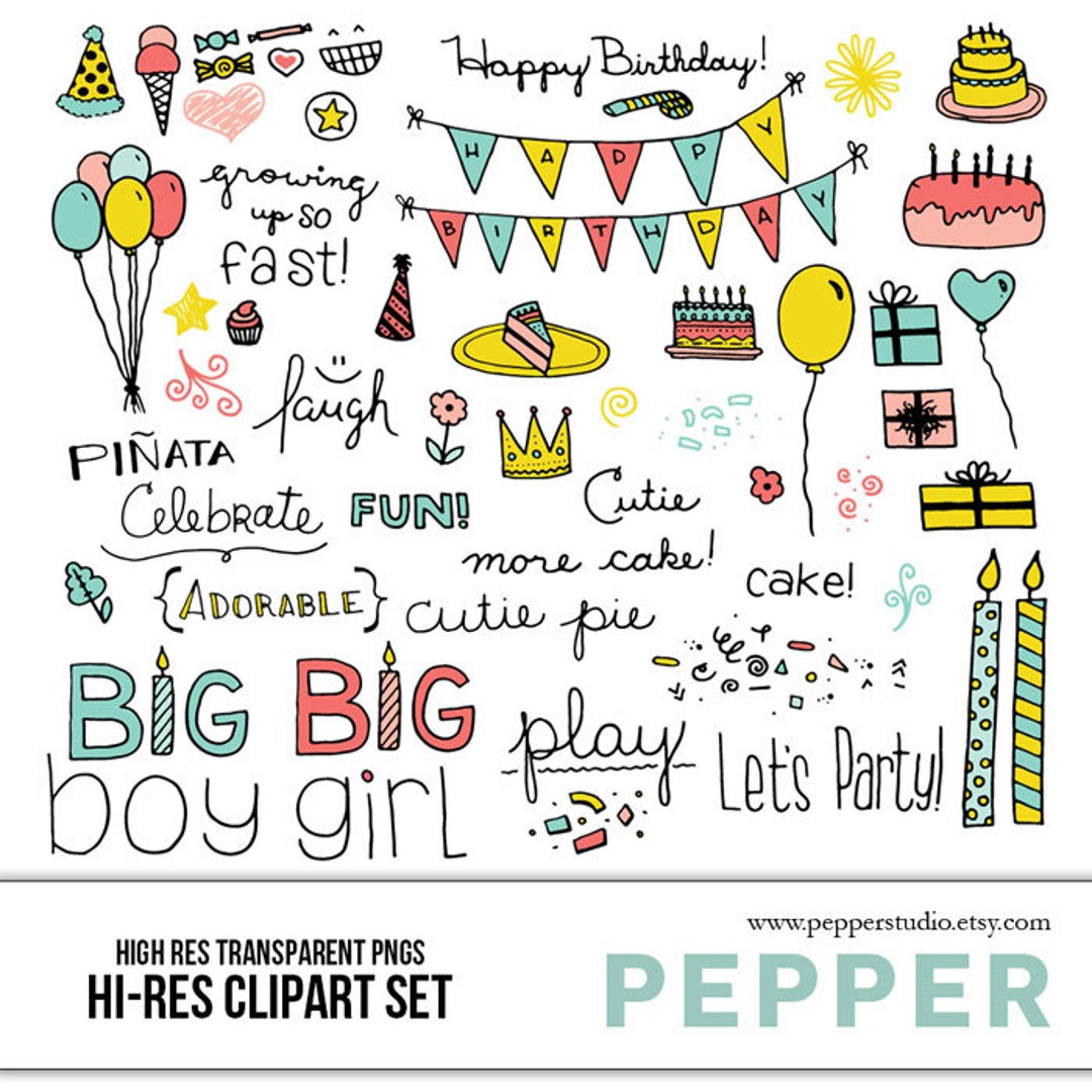 Birthday Party Clipart Set - Hi Res Printable Birthday Doodle ...