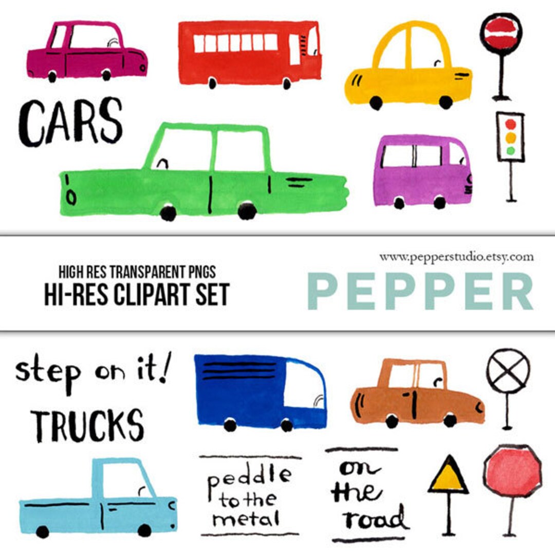 Cars and Trucks Clipart Set - Hi Res Printable City Traffic Doodle ...