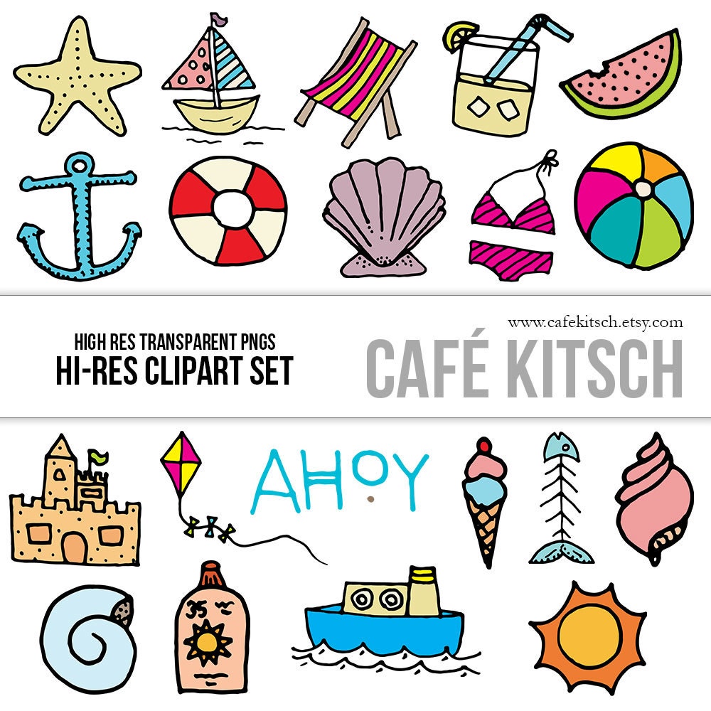 Beach Clip Art Set - Doodle Elements - Sea Ocean Nautical Vacation ...