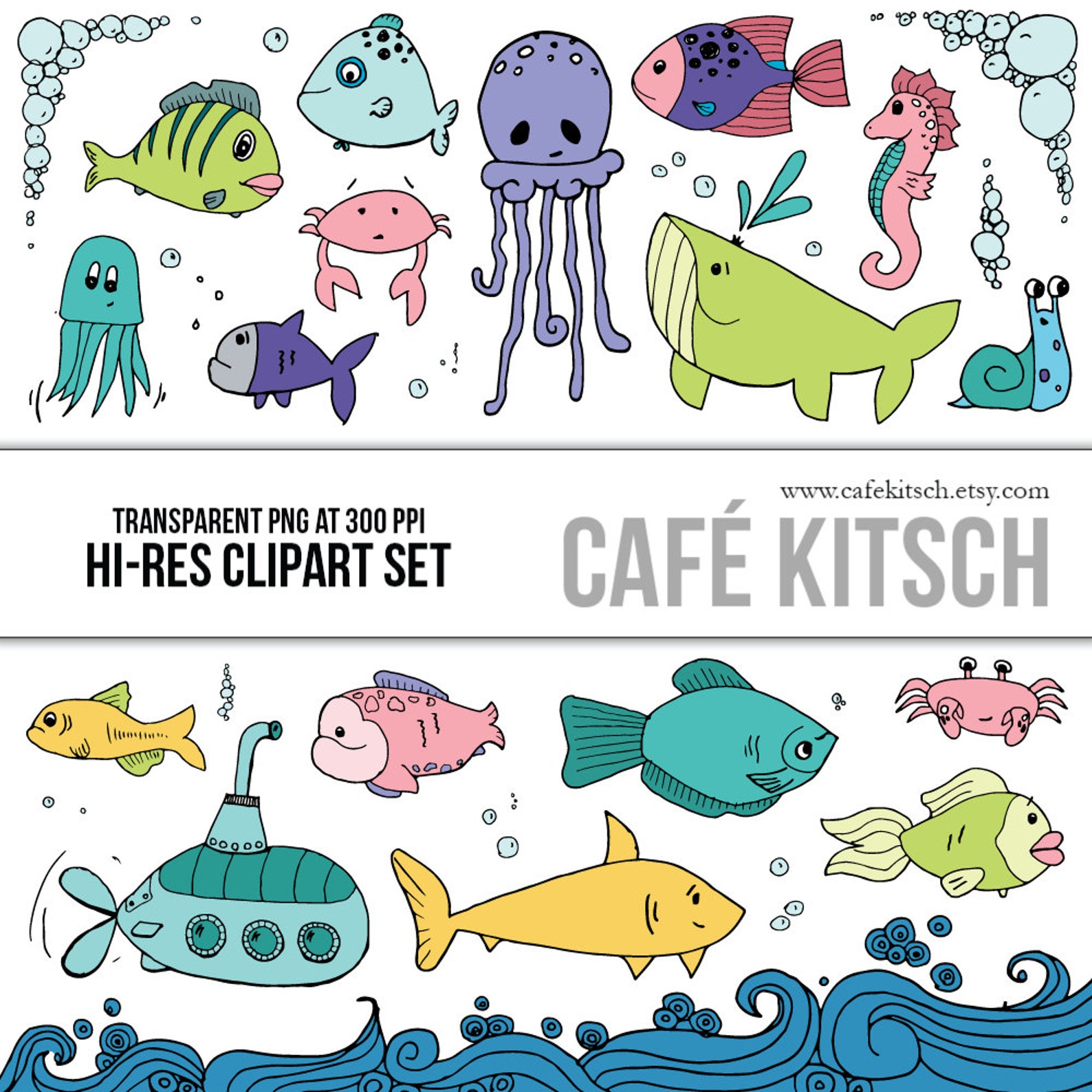Fish Clipart Set - Hi Res Printable Marine Sea Life Underwater Doodle ...