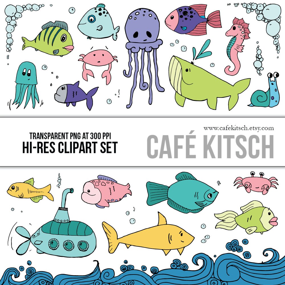 Fish Clipart Set - Hi Res Printable Marine Sea Life Underwater Doodle ...