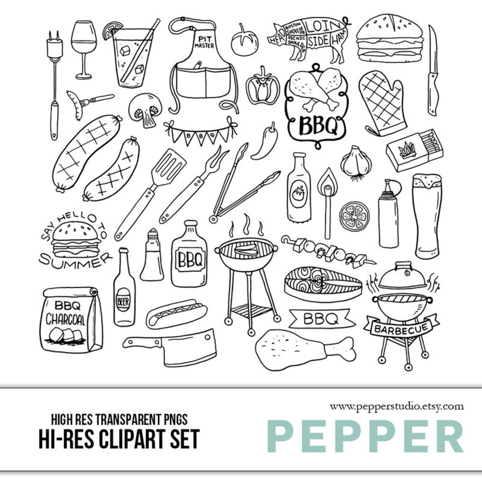 Summer BBQ Clipart Set - Barbecue, Grill, Party, Doodle Icons, Blackline & Color, Eps ...