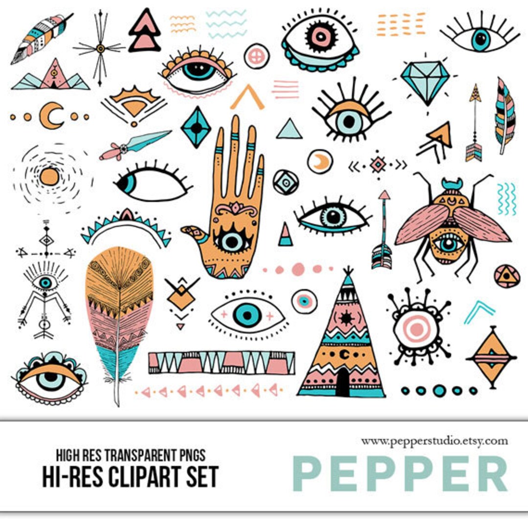 Boho Style Doodle Clipart Set - Hi Res Printable Bohemian Icons, Hamsa ...