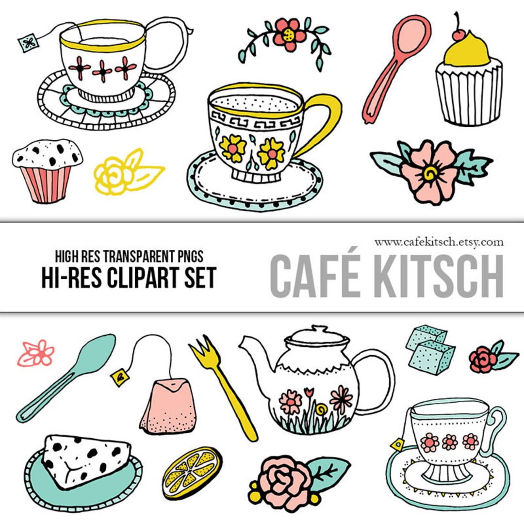 Tea Time Clipart Set - Hi Res Printable Tea and Bakery Doodle ...