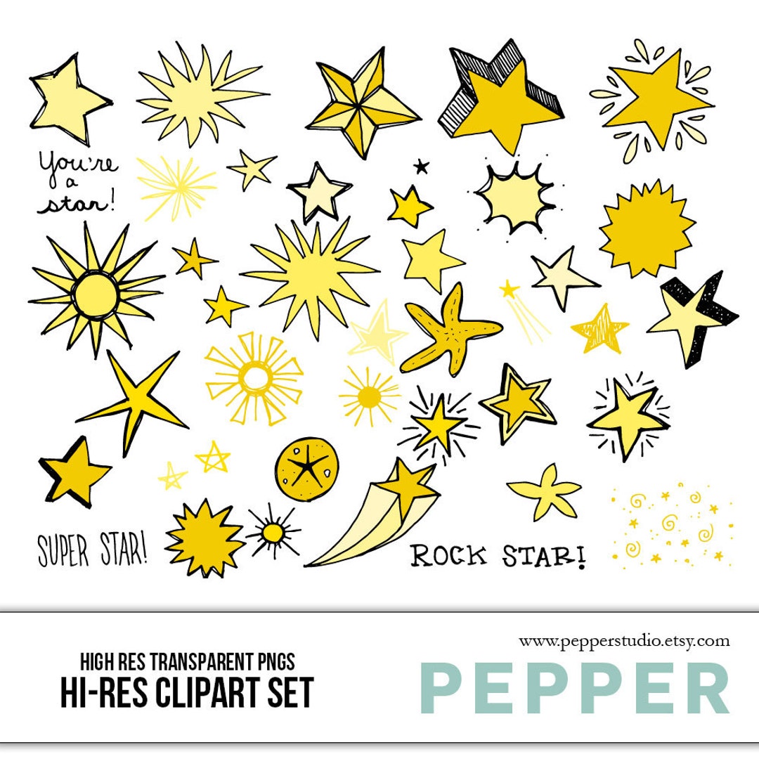 Stars Doodle Clipart Set - Hi Res Yellow Stars Doodle Illustrations for ...
