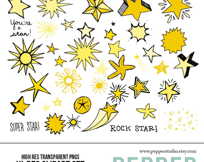 Doodle Stars Clipart, Hand Drawn Stars, Digital Star Clip Art, PNG, EPS ...