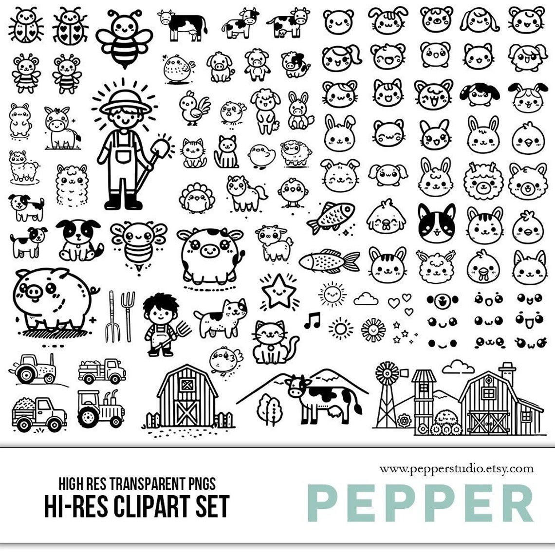 Kawaii Animals Doodle Clipart Set Hi Res Printable Farm Animal Icons ...