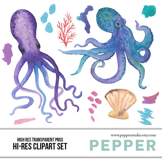 Octopus and Ocean Watercolor Clipart Set Hi Res Printable | Etsy