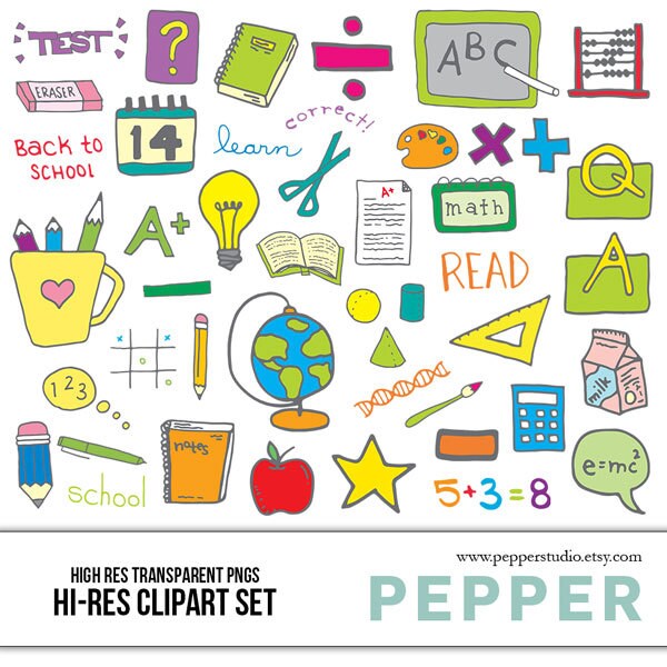 Kids Learning Clipart Set - Hi Res Printable School & Teacher Doodle ...