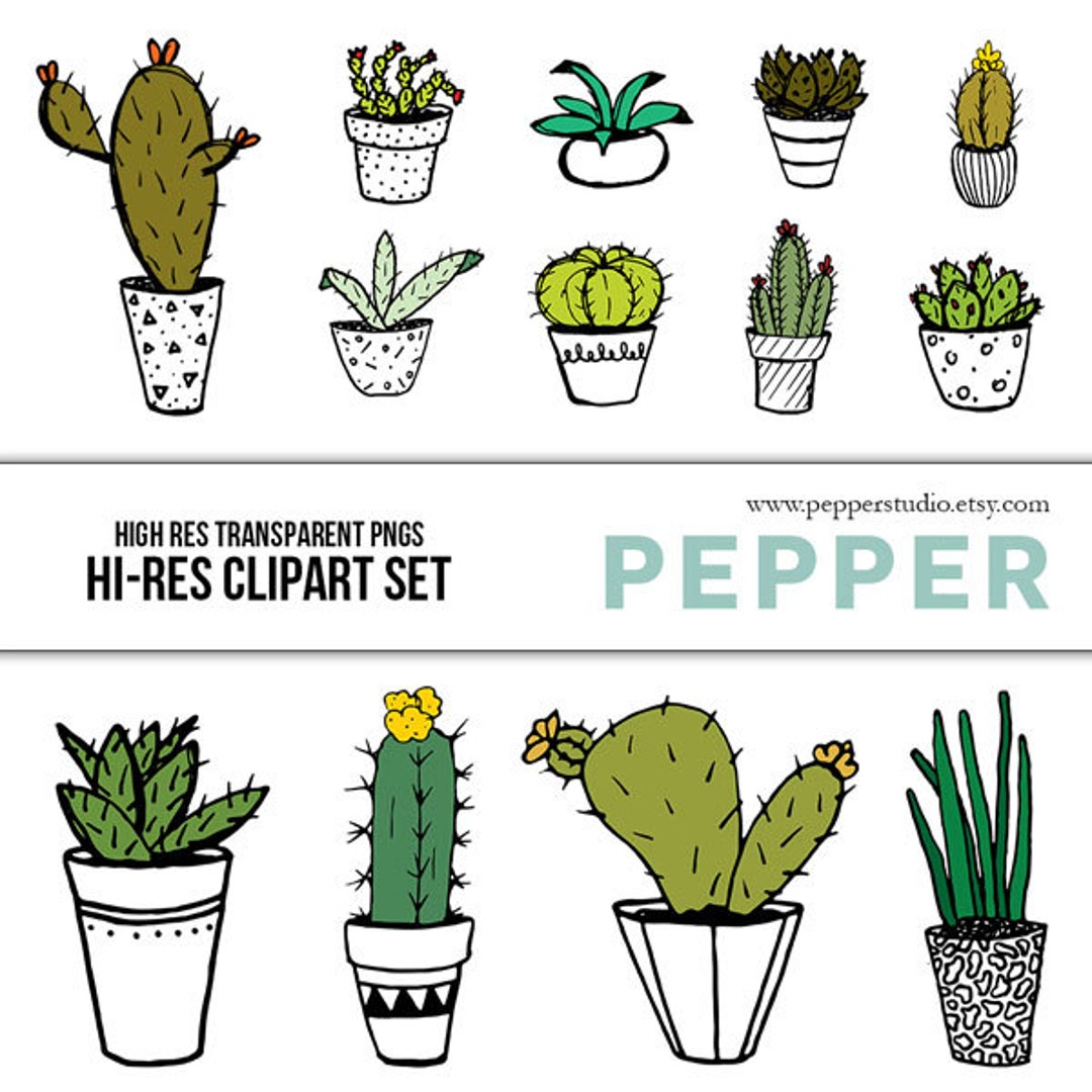 Cactus Clipart Set - Hi Res Printable Desert Cactuses or Cacti Doodle ...