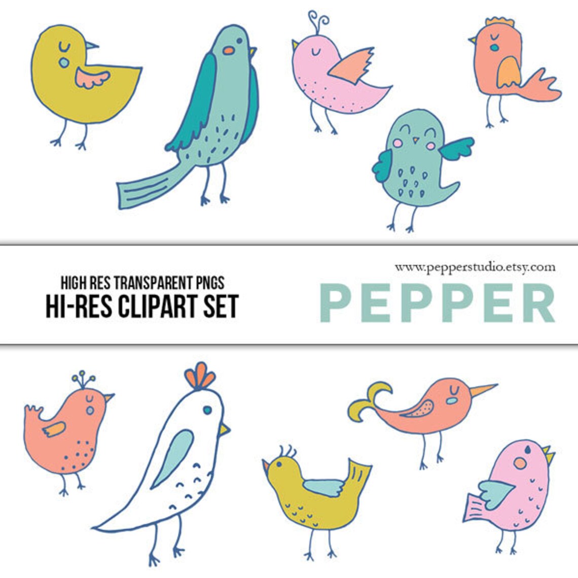 Pastel Birds Clipart Set - Hi Res Printable Bird Doodle Illustrations ...