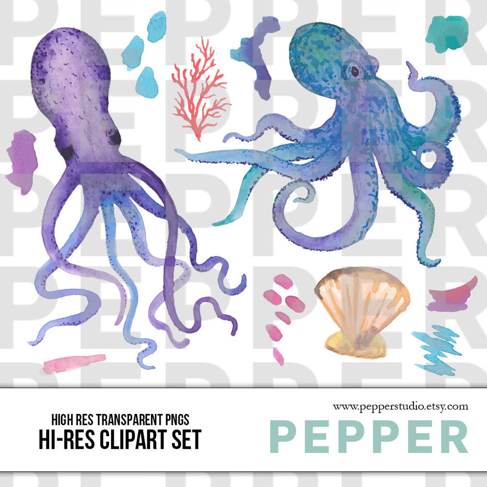 Octopus and Ocean Watercolor Clipart Set - Hi Res Printable Doodle ...