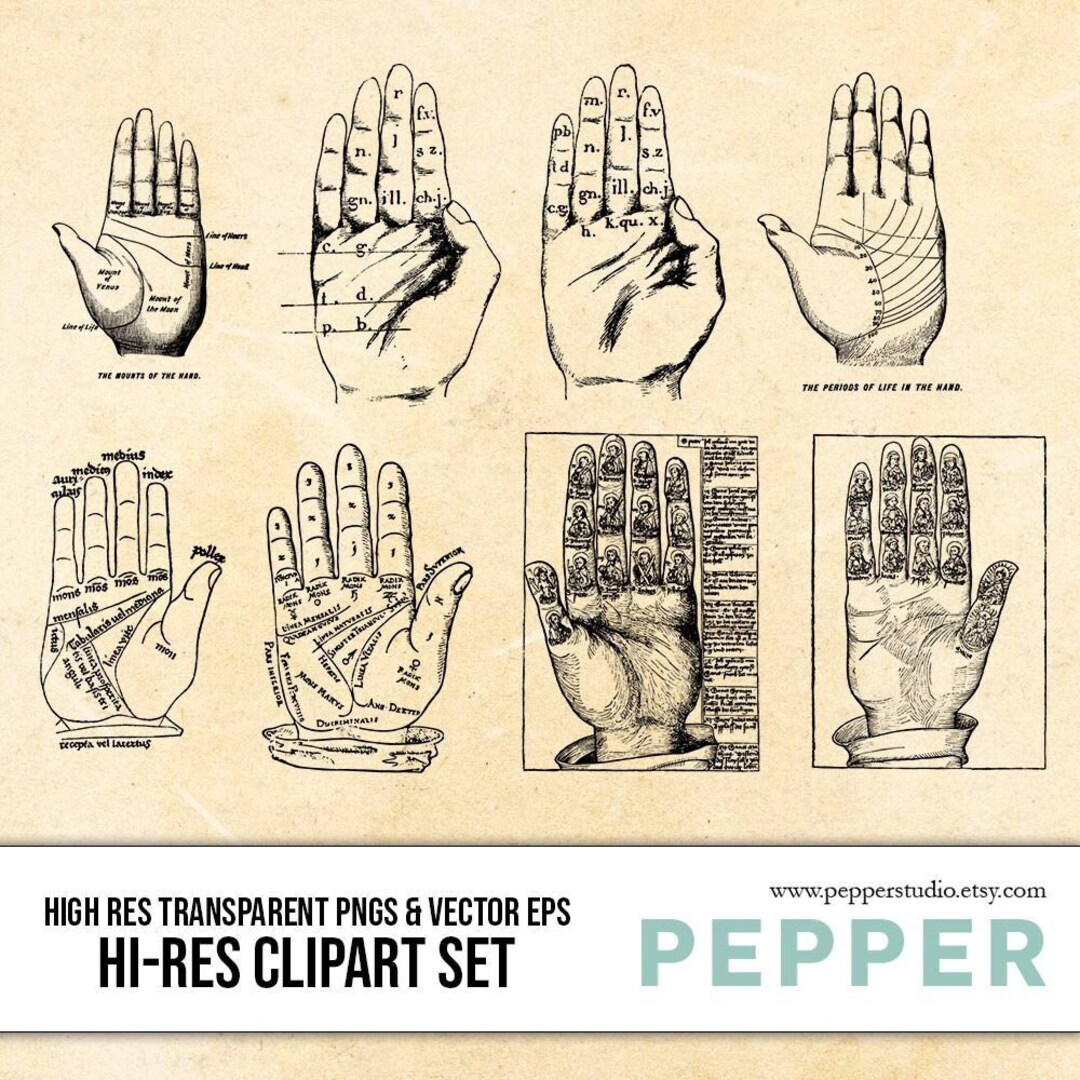 Palm Reading - Retro Clipart - 8 Vintage Illustrations, Hamsa, Hands ...