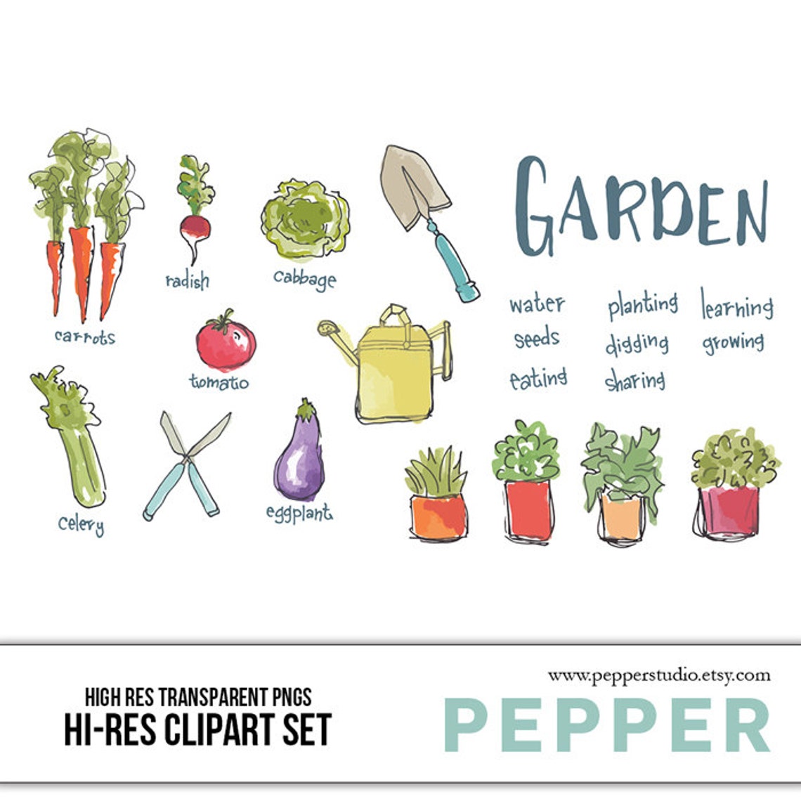 Garden Vegetables Clip Art Set - Hand Painted Vegetables, Spring ...