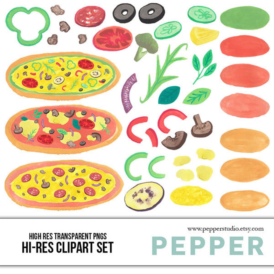 Pizza Watercolor Doodles, Illustrated Clipart, Scrapbooking, Toppings ...