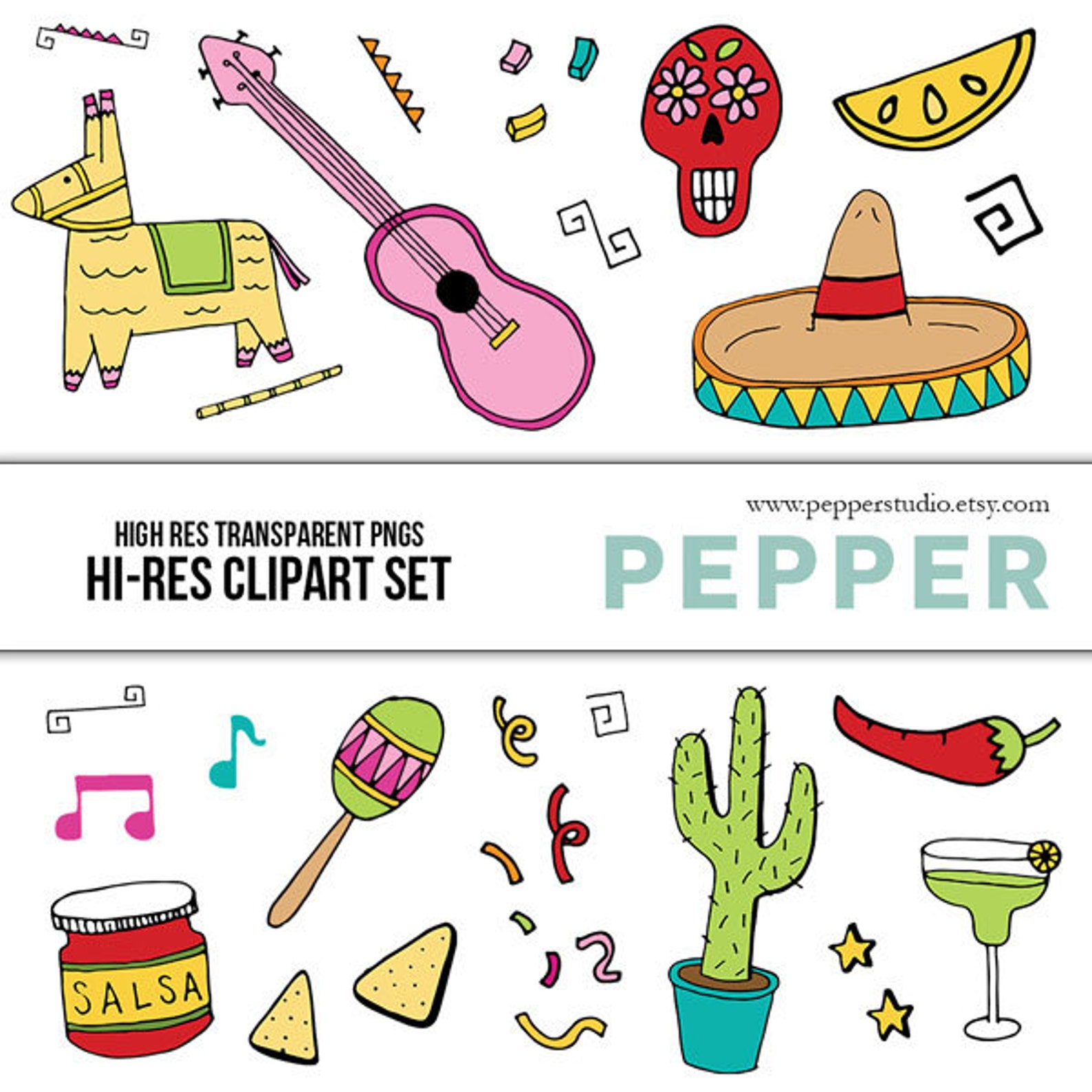 Bright Fiesta Clipart Set Hi Res Printable Fiesta Doodle Illustrations ...