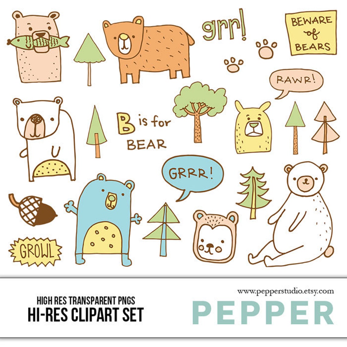 Forest Bears Illustrated Clipart, Scrapbooking Doodles, Kids, Baby ...