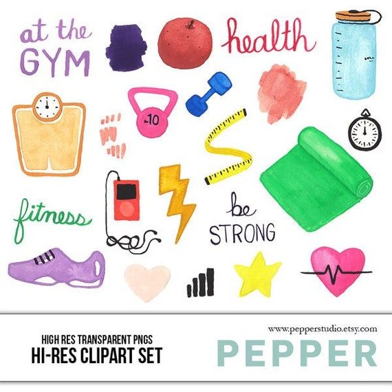 Health & Fitness Watercolor Illustration Clipart Gym Work | Etsy
