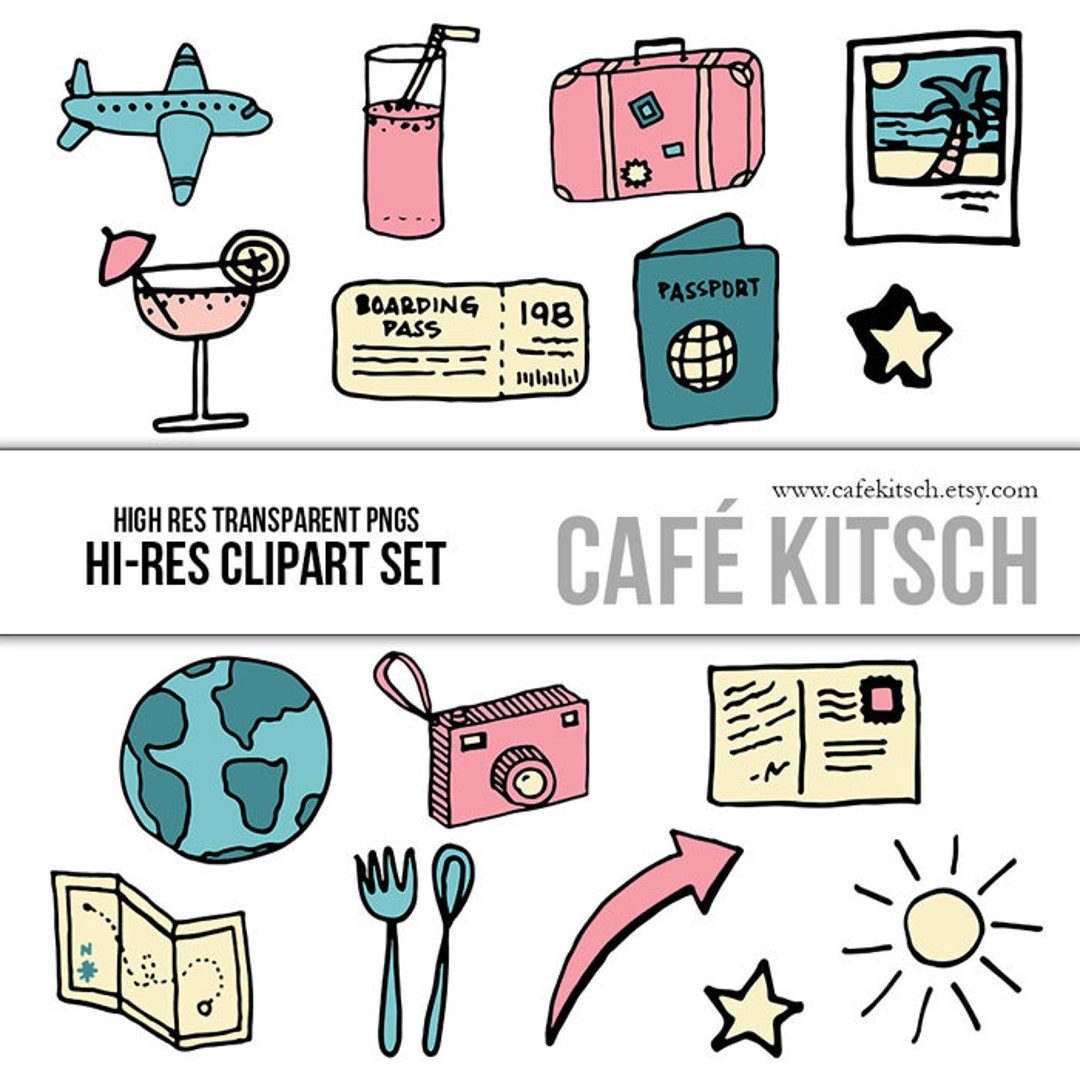 Travel Clipart Set - Hi Res Printable Vacation Doodle Illustrations for ...