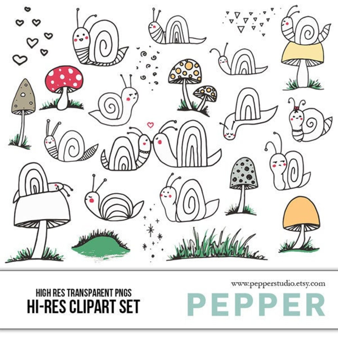Happy Snails & Mushrooms Illustration Clipart, Hi Res Printable Hand ...