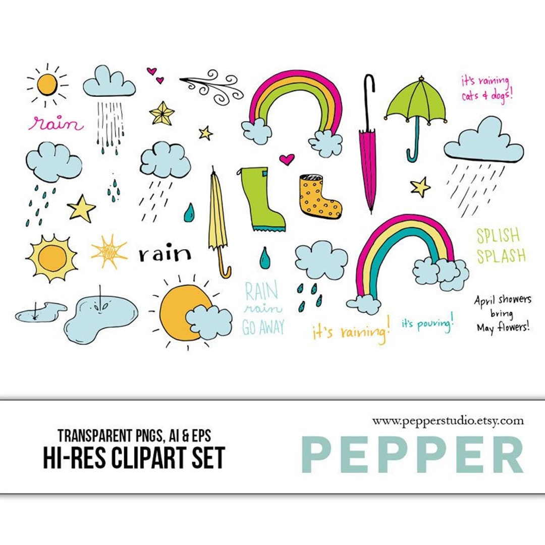 Rainy Day Clipart Set - Hi Res Printable Clouds and Rainbows Doodle ...