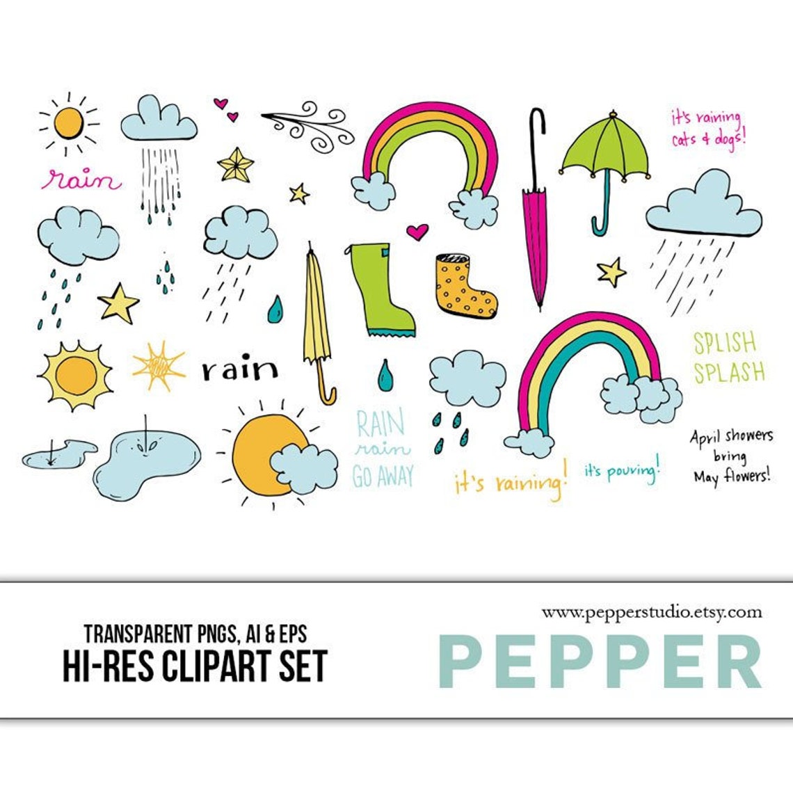 Rainy Day Clipart Set - Hi Res Printable Clouds and Rainbows Doodle ...
