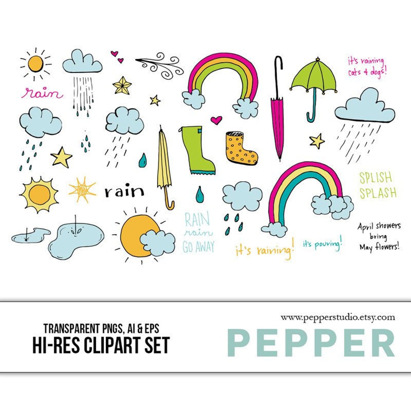 Rainy Day Clipart Set - Hi Res Printable Clouds and Rainbows Doodle ...