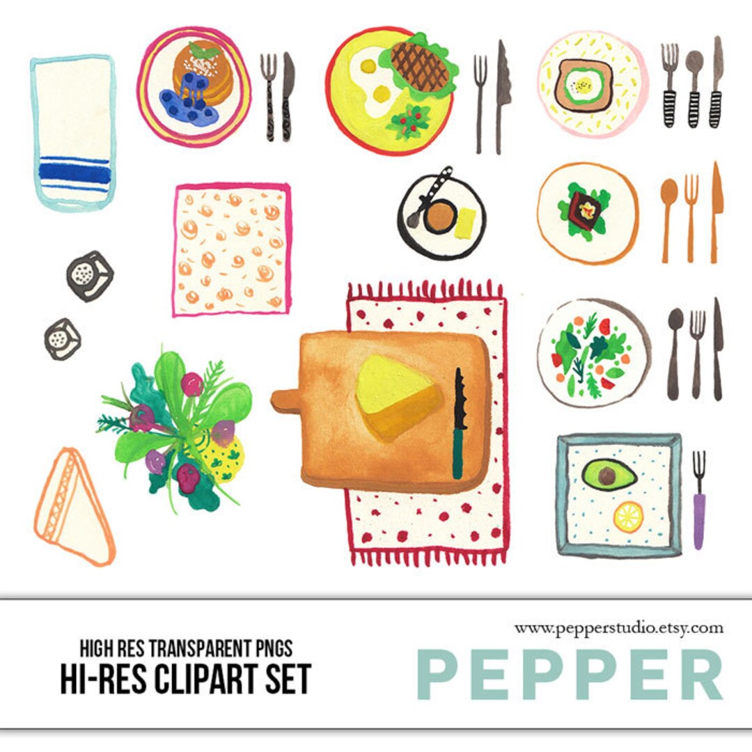 Dinner Table Watercolor Doodles, Illustrated Clipart, Supper Plates ...
