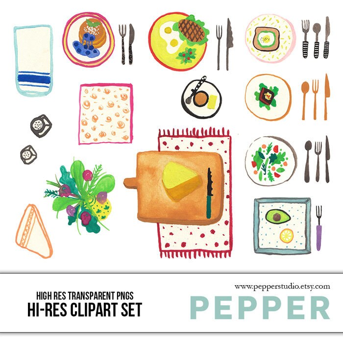 Dinner Table Watercolor Doodles, Illustrated Clipart, Supper Plates ...
