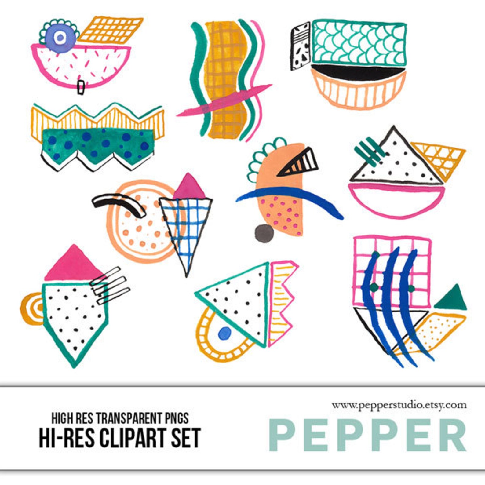 Abstract Shapes Watercolor Doodles Illustrated Clipart - Etsy