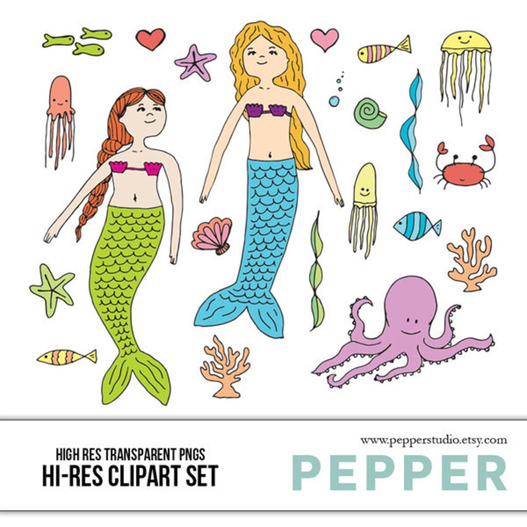 Mermaids Doodle Clipart Set - Hi Res Printable Mermaid Under the Sea ...