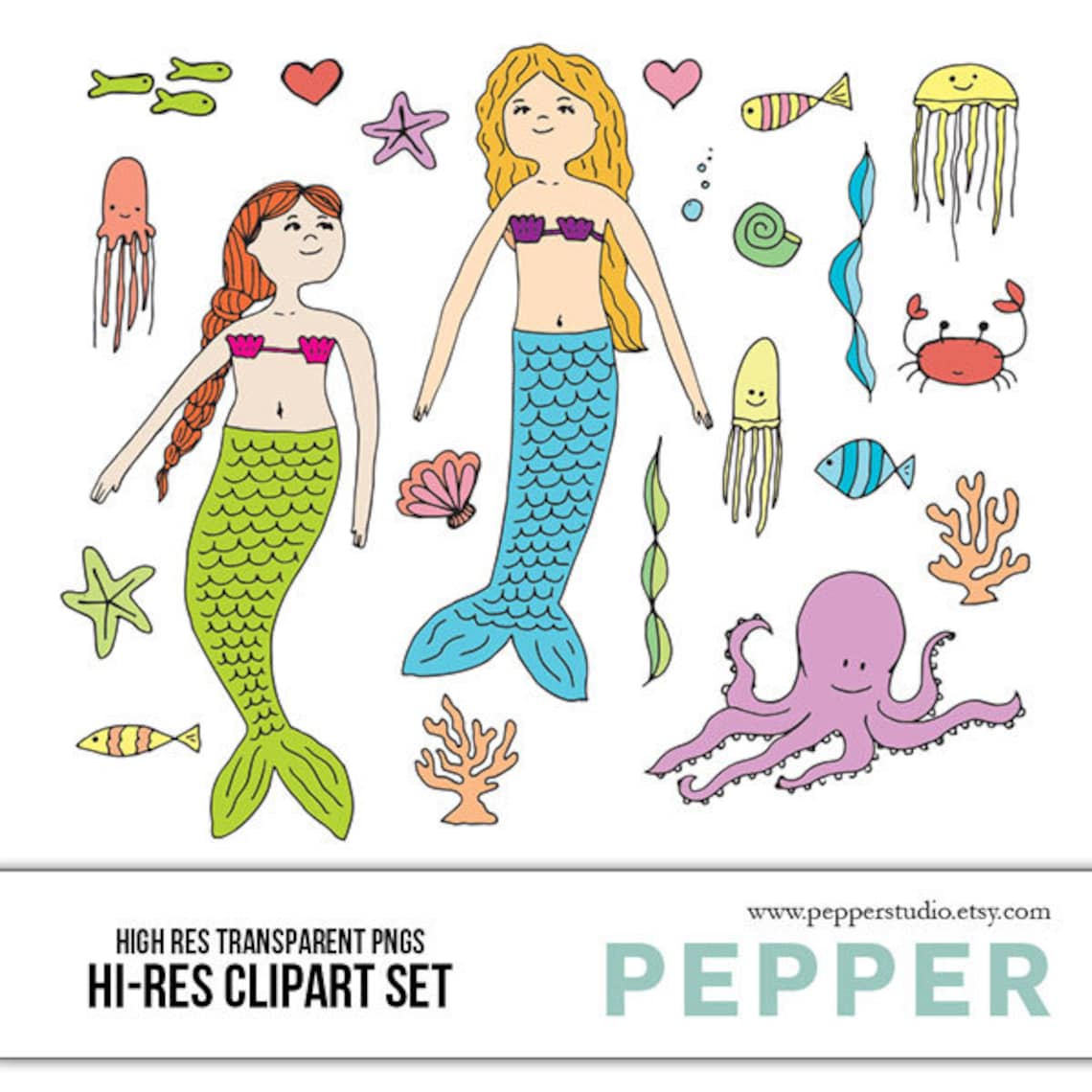 Mermaids Doodle Clipart Set - Hi Res Printable Mermaid Under the Sea ...