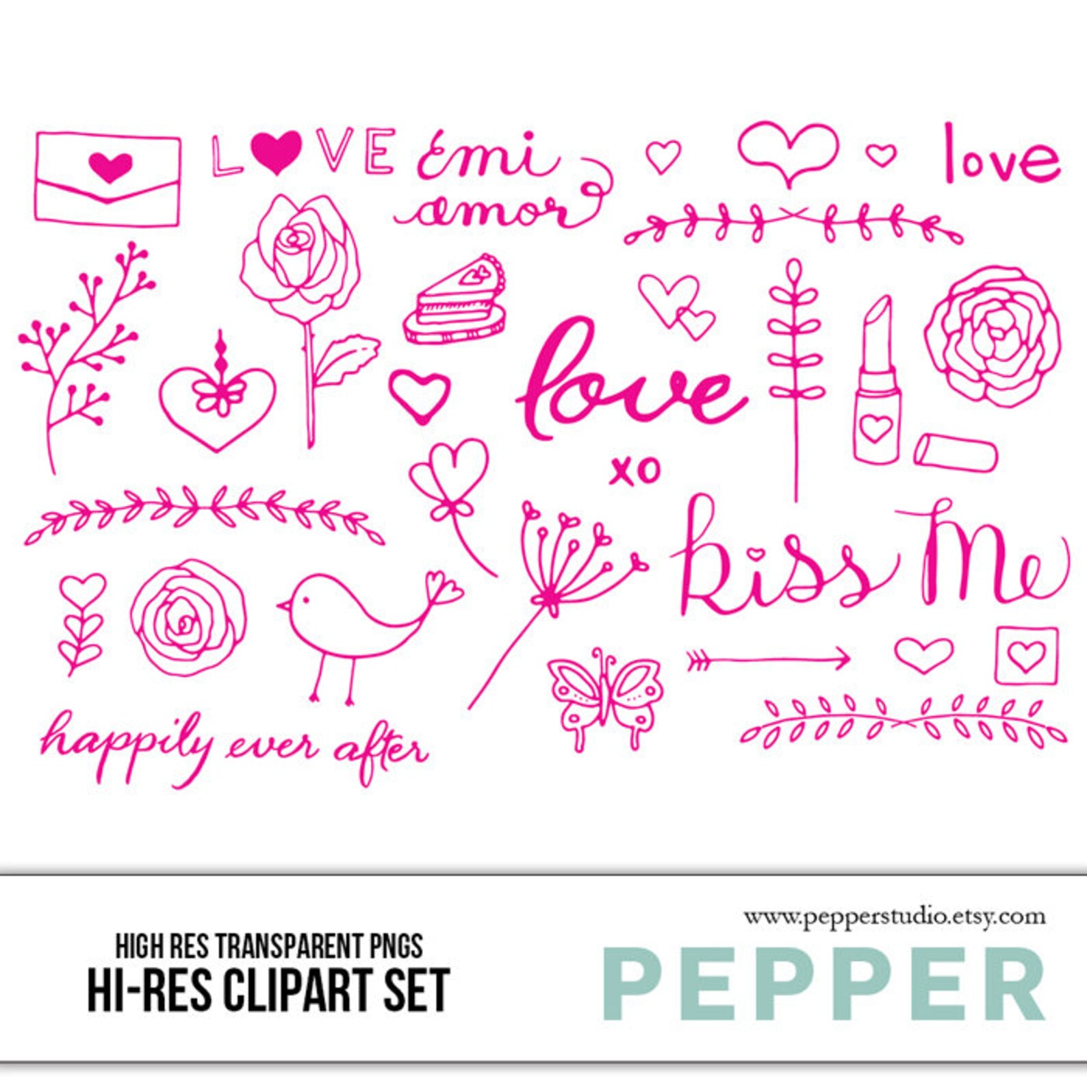 Valentine's Pink Love Clipart Set - Ink Line Drawings, Hi Res Art ...
