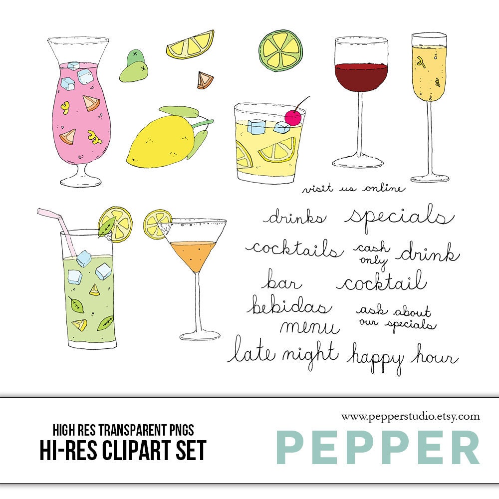 Drink Menu Doodle Clipart Set - Hi Res Printable Color Doodle ...