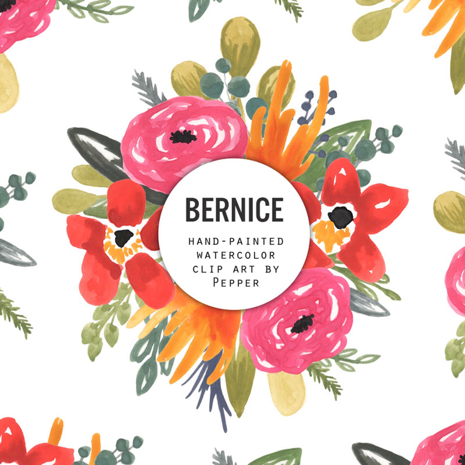 Bernice Watercolor Flowers Clipart Set Hi Res Printable Hand Painted ...