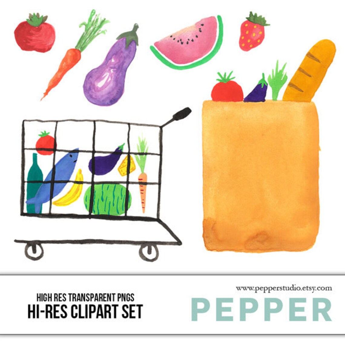 Groceries Watercolor Doodles, Illustrated Clipart, Scrapbooking ...